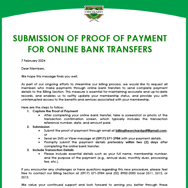 The Orchard Golf & Country Club - Submission of Proof of Payment for ...