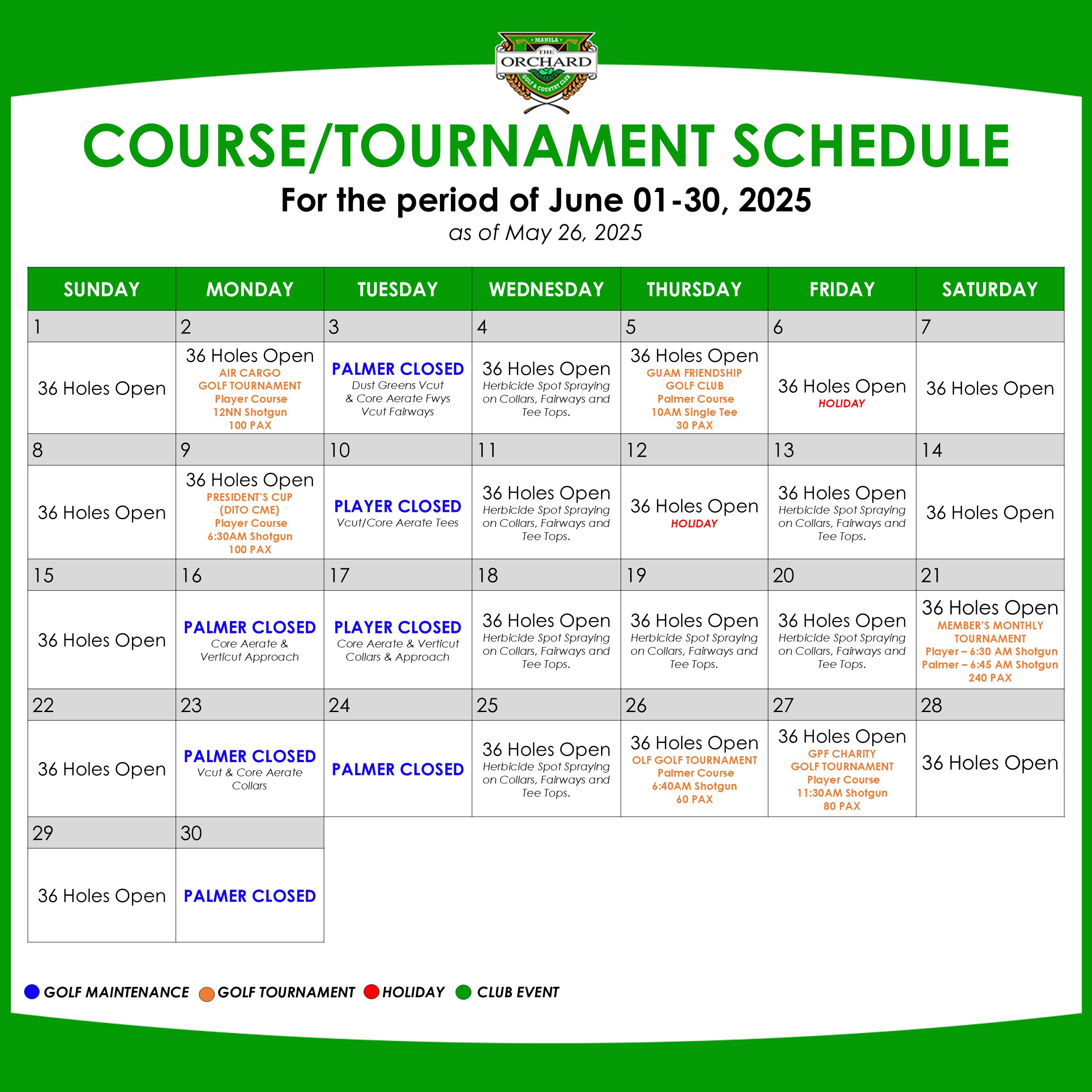 The Orchard Golf & Country Club - COURSE AND TOURNAMENT CALENDAR FOR ...