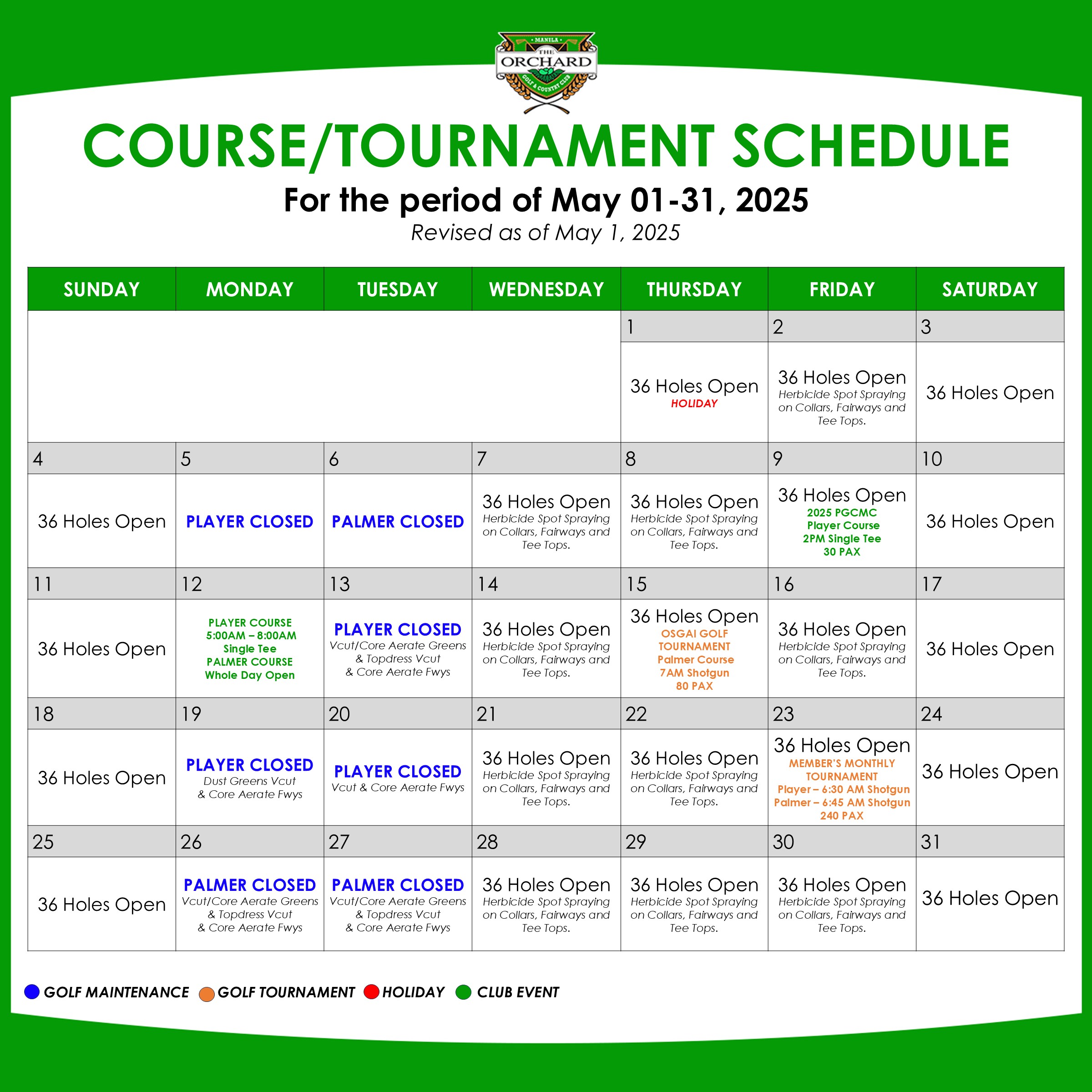 The Orchard Golf & Country Club - Course Tournament Schedule for the ...