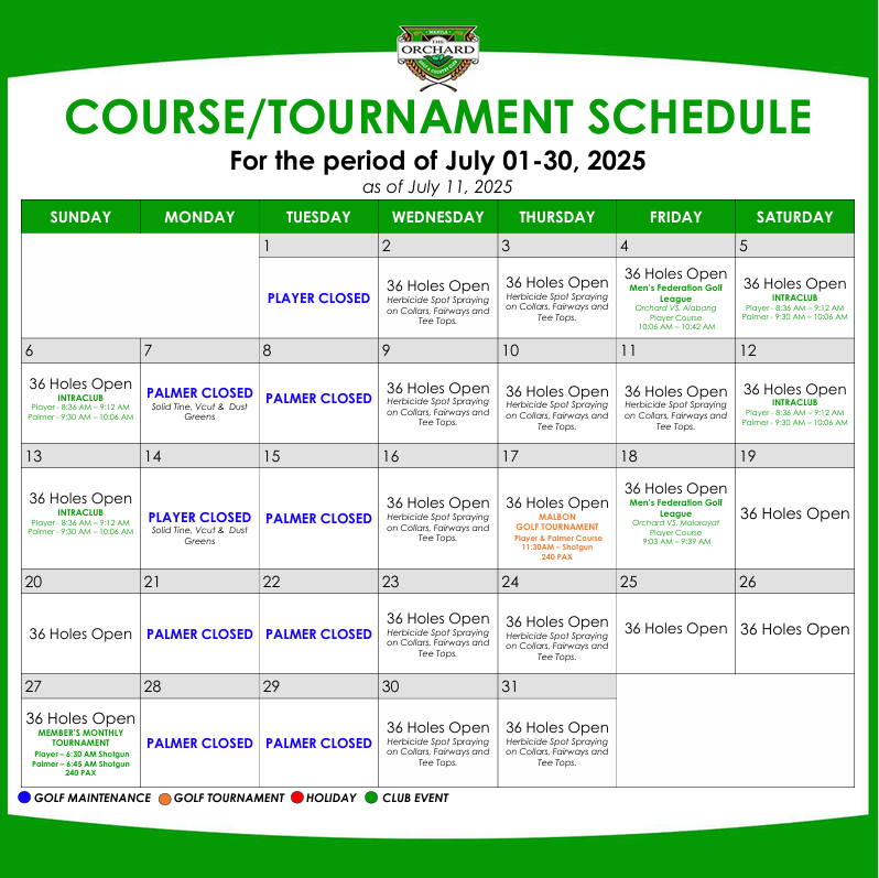 The Orchard Golf & Country Club - Course/Tournament Schedule as of July ...