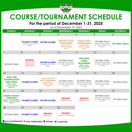 The Orchard Golf & Country Club - Tournament Calendar as of December 19 ...